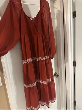 Dresses | Rust Tiered Maxi Dress With White Embroidered Trim | Poshmark